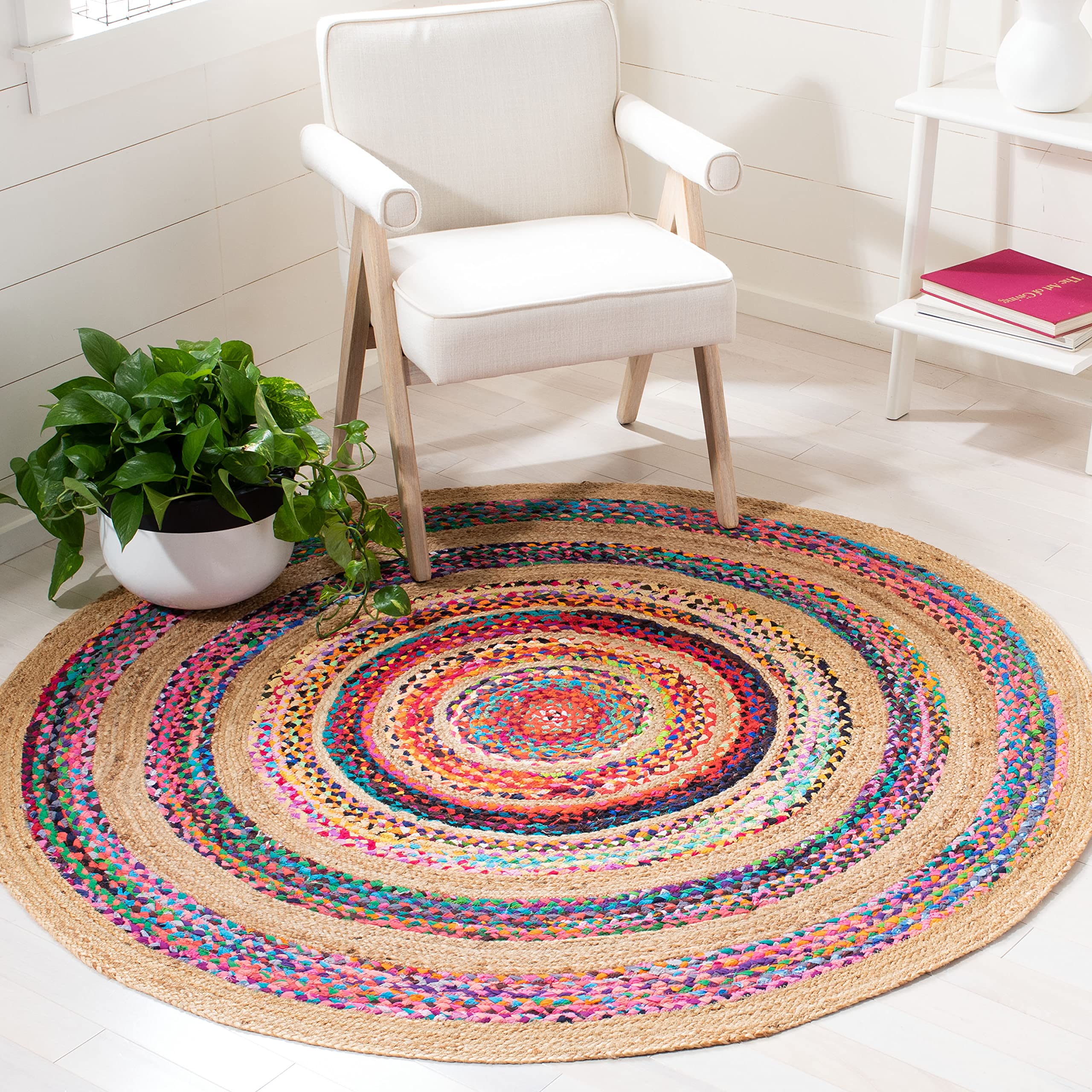 SAFAVIEH Natural Fiber Round Collection 3' Round Pink NFB301U Handmade Boho Country Charm Jute Area Rug