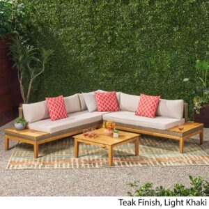 GDFStudio Outdoor Acacia Wood and Wicker 5 Seater Sectional Sofa Set with Water-Resistant Cushions, Teak and Light Khaki