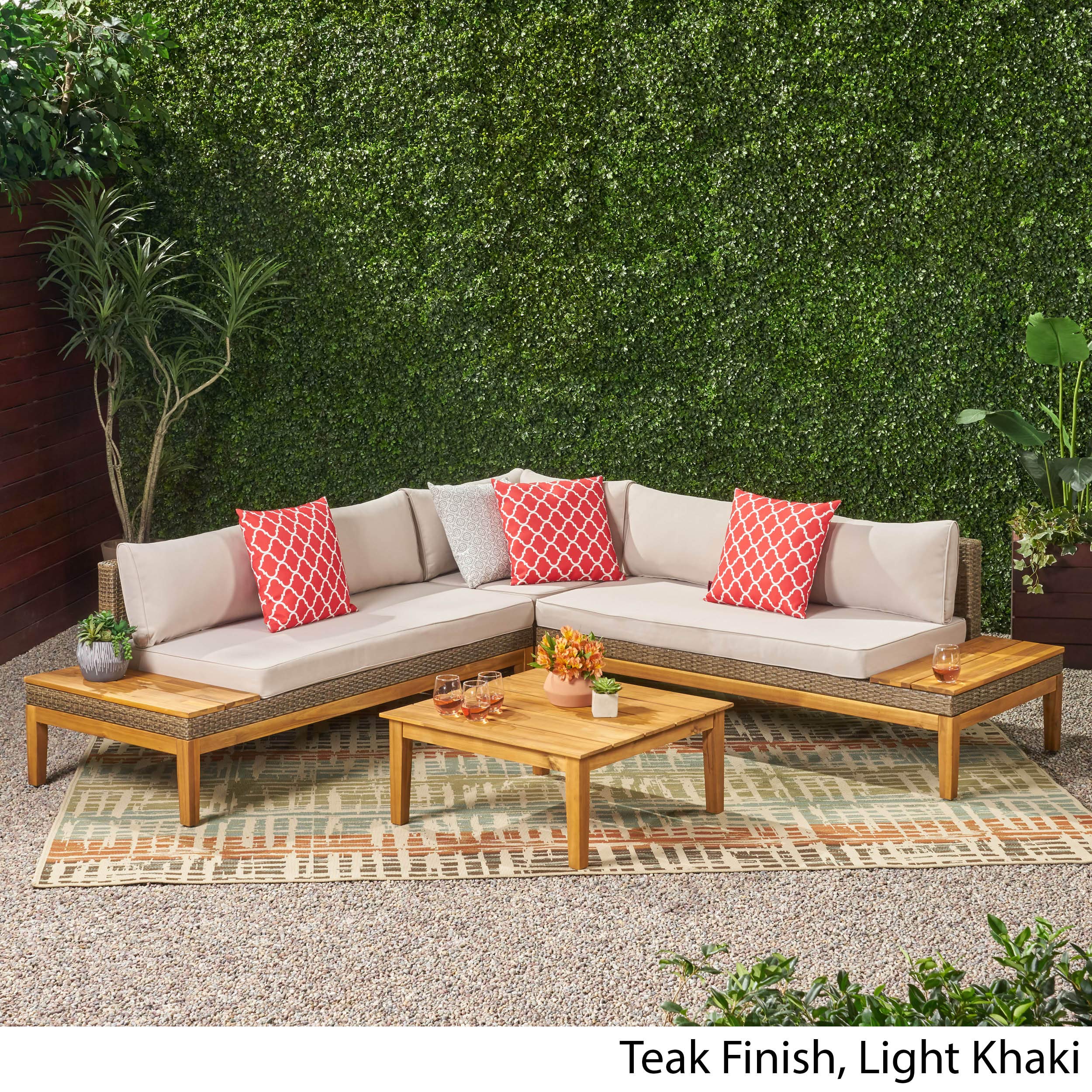 GDFStudio Outdoor Acacia Wood and Wicker 5 Seater Sectional Sofa Set with Water-Resistant Cushions, Teak and Light Khaki