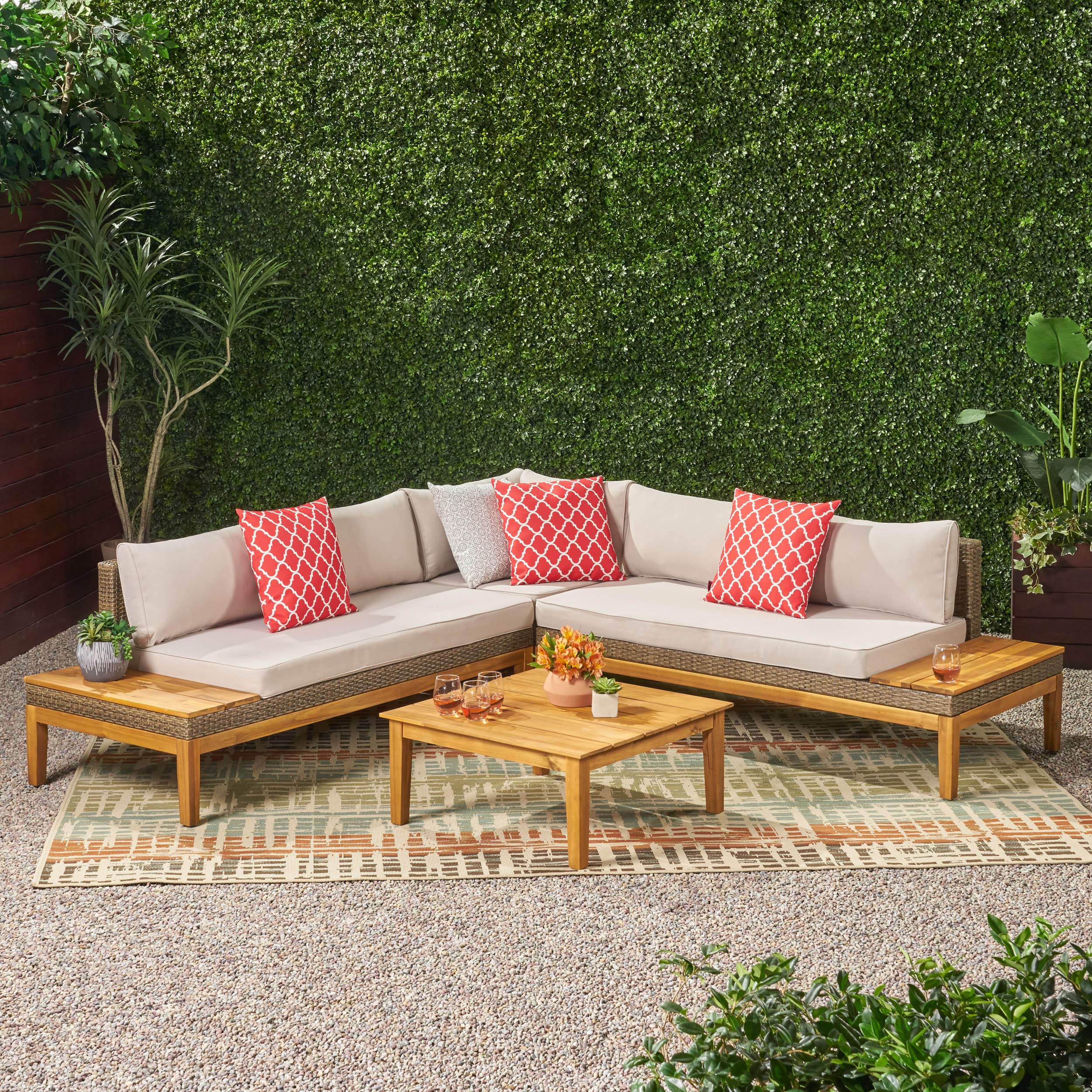 GDFStudio Outdoor Acacia Wood and Wicker 5 Seater Sectional Sofa Set with Water-Resistant Cushions, Teak and Light Khaki