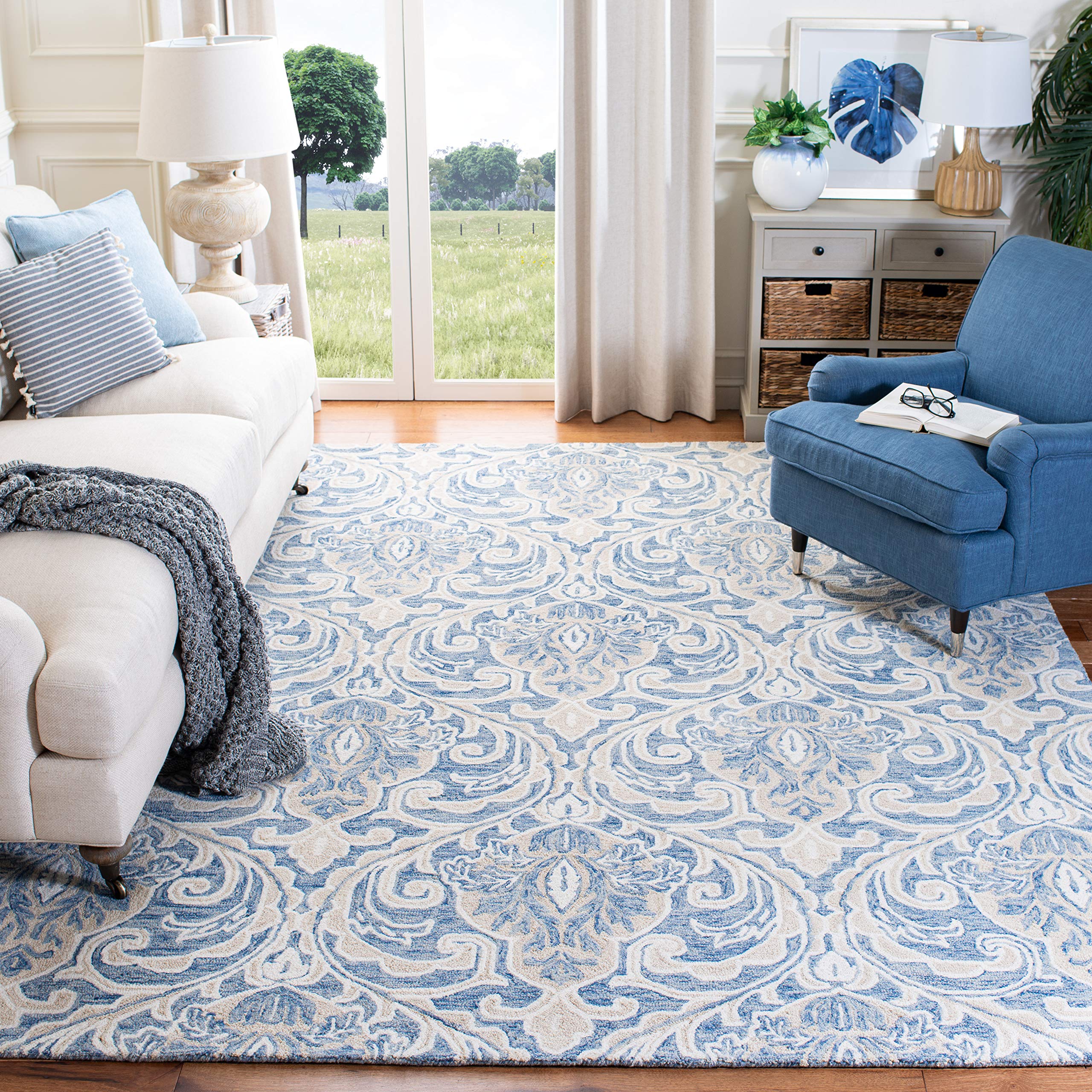 SAFAVIEH Micro-Loop Collection Area Rug - 8' x 10', Ivory & Blue, Handmade Wool, Ideal for High Traffic Areas in Living Room, Bedroom (MLP532A)