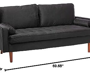 US Pride Furniture Haven Modern Velvet Sofa with Bolster Pillows, Button Tufted Seat, Track Arms and Solid Wood Legs, Couches for Living Room, Bedroom and Home Office, Black