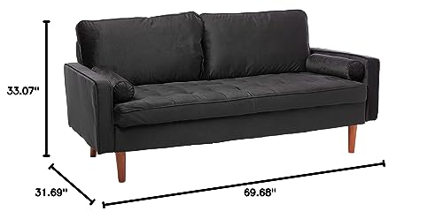 US Pride Furniture Haven Modern Velvet Sofa with Bolster Pillows, Button Tufted Seat, Track Arms and Solid Wood Legs, Couches for Living Room, Bedroom and Home Office, Black