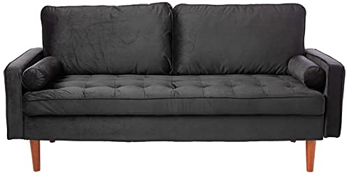 US Pride Furniture Haven Modern Velvet Sofa with Bolster Pillows, Button Tufted Seat, Track Arms and Solid Wood Legs, Couches for Living Room, Bedroom and Home Office, Black