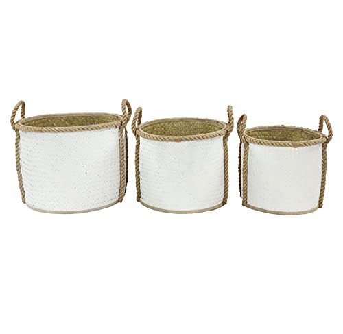 Deco 79 Seagrass Round Storage Basket with Handles, Set of 3 17", 15", 13"W, White