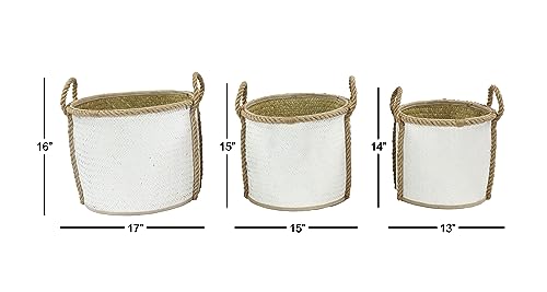 Deco 79 Seagrass Round Storage Basket with Handles, Set of 3 17", 15", 13"W, White