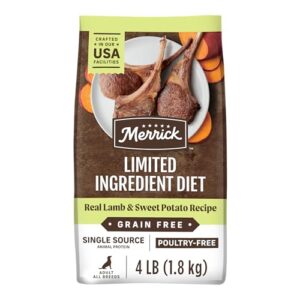 merrick limited ingredient diet grain free dry dog food, premium and healthy kibble with lamb and sweet potato - 4.0 lb. bag