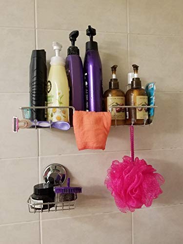 MONOKIT Shower Caddy Suction Cup Basket-Command Bathroom Shower Wall Caddy Organizer Shelf with Hooks Stainless Steel Large Shampoo Shower Holder Shelves for Bath, Drill Free and Never Rust