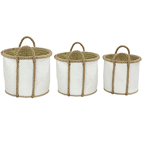 Deco 79 Seagrass Round Storage Basket with Handles, Set of 3 17", 15", 13"W, White