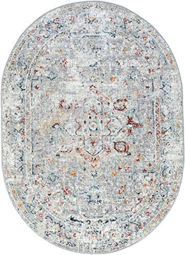 5x7 Oval Rug | Traditional Large Area Rugs for Living Room, Dining Room, Bedroom, Entryway or Kitchen | Alfombras para Salas | Silver, 5'3'' x 7'3'' Oval