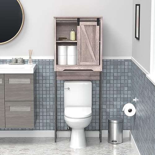 Landia Home Over The Toilet Storage Cabinet, Bathroom Organizer, Freestanding Cabinet with 2-Tiers Organizer Rack, Bathroom Shelf, Farmhouse Bathroom Cabinet with Sliding Barn Door, Grey