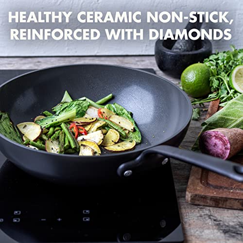 GreenPan Craft Cookware Hard Anodized Healthy Ceramic Nonstick 11” Wok Pan, Cast Stainless Steel Handles, Scratch-Resistant, Induction Safe, Dishwasher and Oven Safe, PFAS-Free, Black