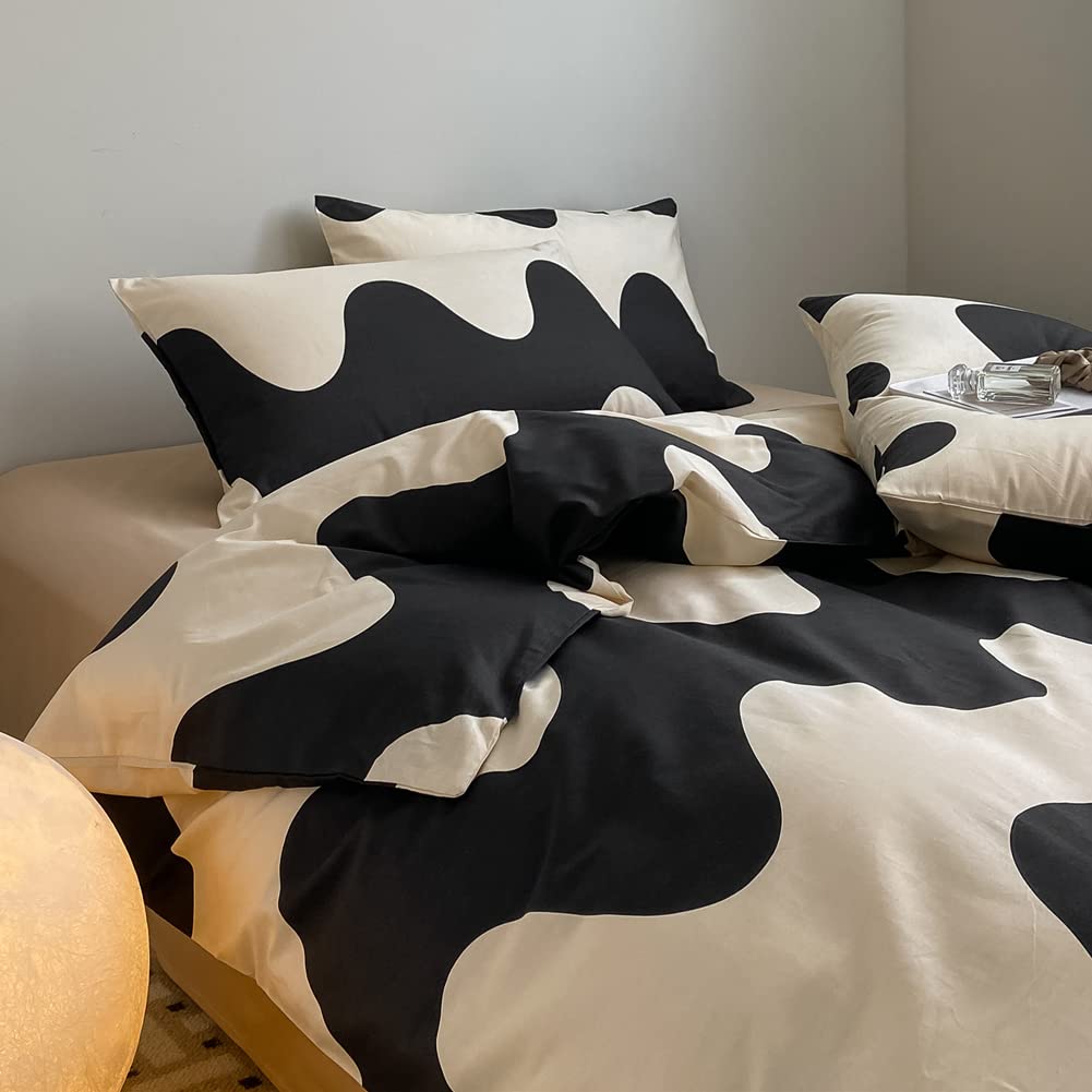 LAYENJOY Geometric Duvet Cover Set Twin, 100% Cotton Bedding, Cream White Black Cows Pattern Printed, Modern Comforter Cover for Single Bed, 3 Piece No Comforter