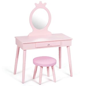 goflame kids vanity set, princess dressing table set, wooden dresser, little girls makeup table and stool set, pretend beauty play set with real mirror, pull-out drawer and cushioned stool (pink)