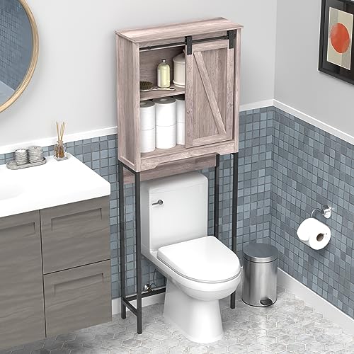 Landia Home Over The Toilet Storage Cabinet, Bathroom Organizer, Freestanding Cabinet with 2-Tiers Organizer Rack, Bathroom Shelf, Farmhouse Bathroom Cabinet with Sliding Barn Door, Grey