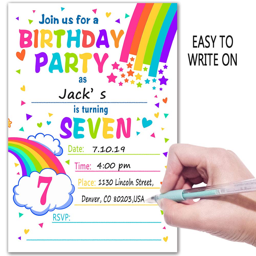 ukebobo Rainbow Greeting Card - 20 Happy Birthday Invitations for Child's 7th Birthday Party with Envelopes