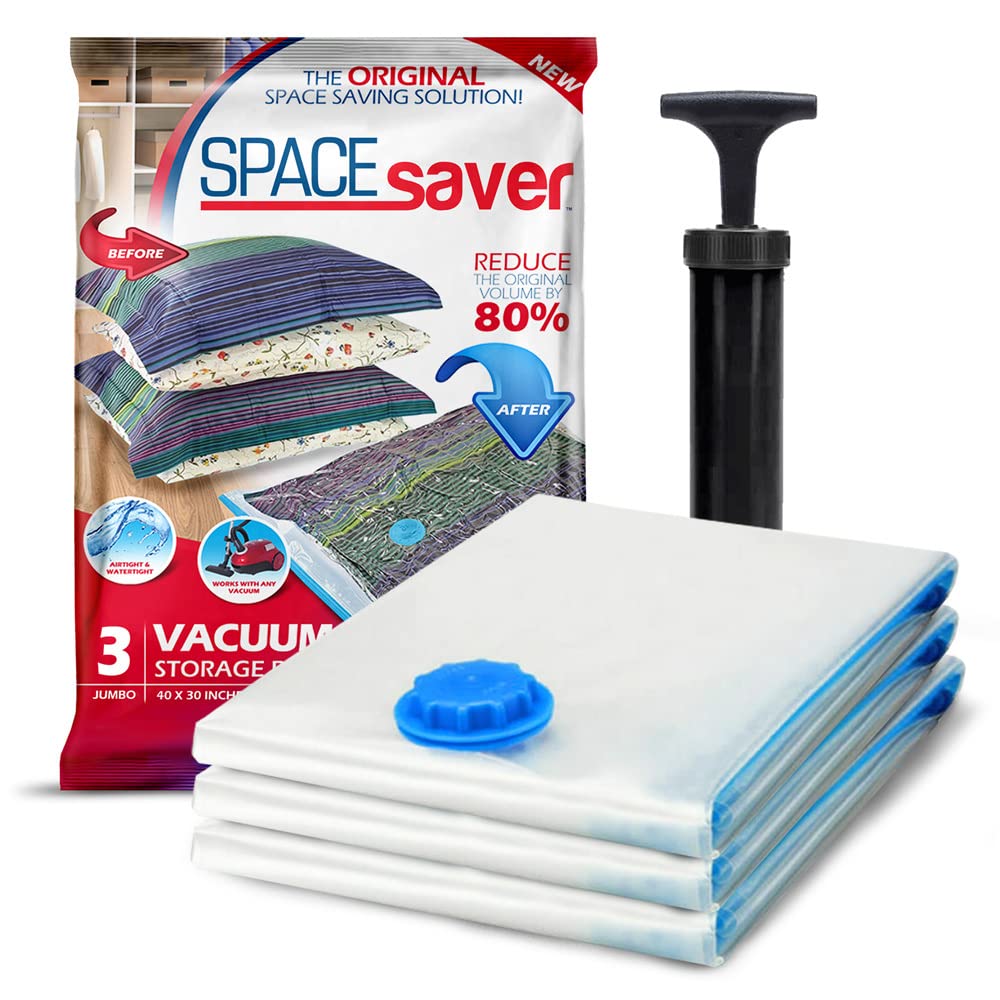 Spacesaver Vacuum Storage Bags (Jumbo 3 Pack) Save 80% on Clothes Storage Space - Vacuum Sealer Bags for Comforters, Blankets, Bedding, Clothing - Compression Seal for Closet Storage. Pump for Travel.