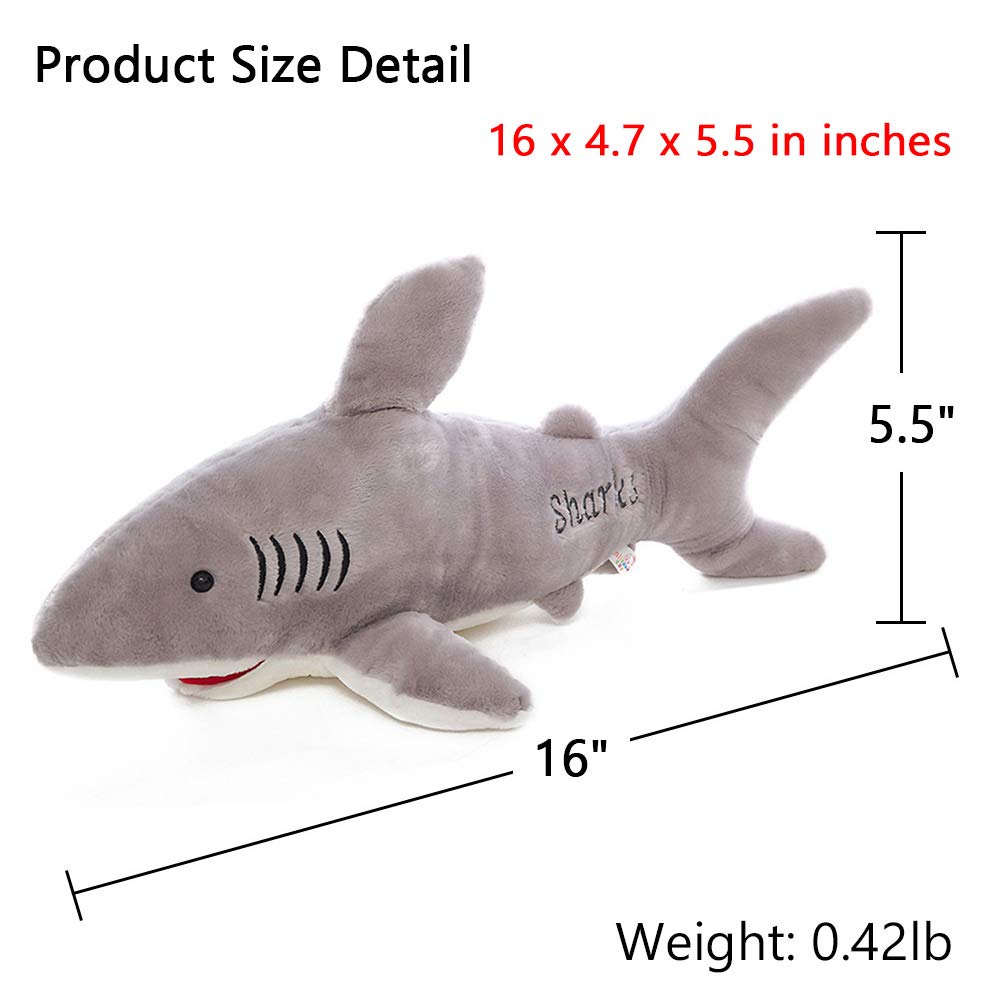 VSFNDB Stuffed Shark Animal Plush Toy 16 Inch Long Great White Animal Stuffed Plushies Super Soft Cute Cuddly Pillow Cushion Stuff Dolls Gifts for Children Kids Boys Girls Room Decor Bedtime, 16Inches