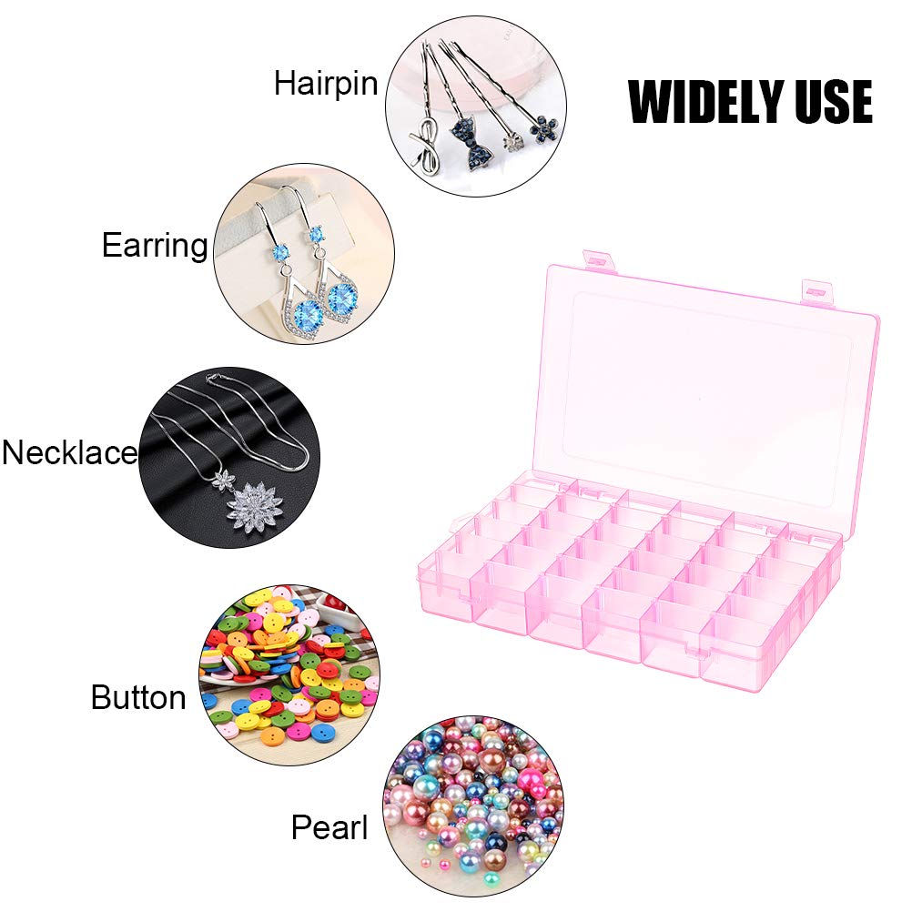 Plastic Jewelry Box Storage Organizer Container with Adjustable Dividers 36 Grids Pink