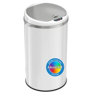 itouchless 8 gallon touchless sensor trash can with absorbx odor filter system, 30 liter round white steel garbage bin, perfect for home, kitchen, office