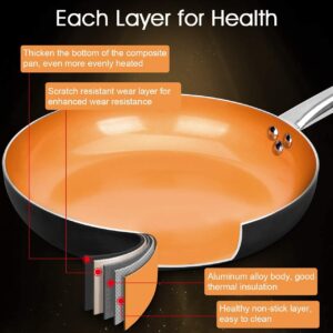 11" Skillet for Frying - Copper Nonstick Frying Pan with Lid, 100% PFOA-Free, All Stove Tops Available, Ceramic Nonstick Coating, Stainless Steel Handle, Cooking Skillet with Lid. Pan for Oven & Stove