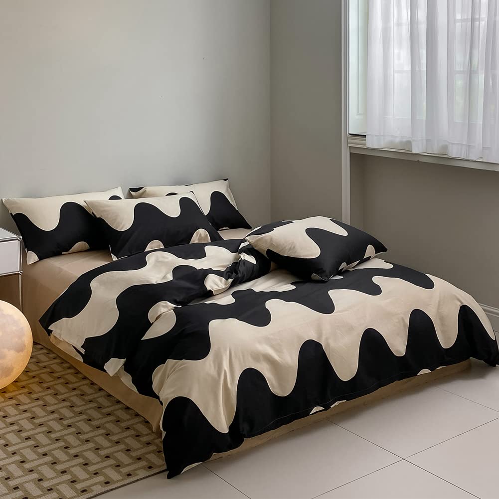 LAYENJOY Geometric Duvet Cover Set Twin, 100% Cotton Bedding, Cream White Black Cows Pattern Printed, Modern Comforter Cover for Single Bed, 3 Piece No Comforter