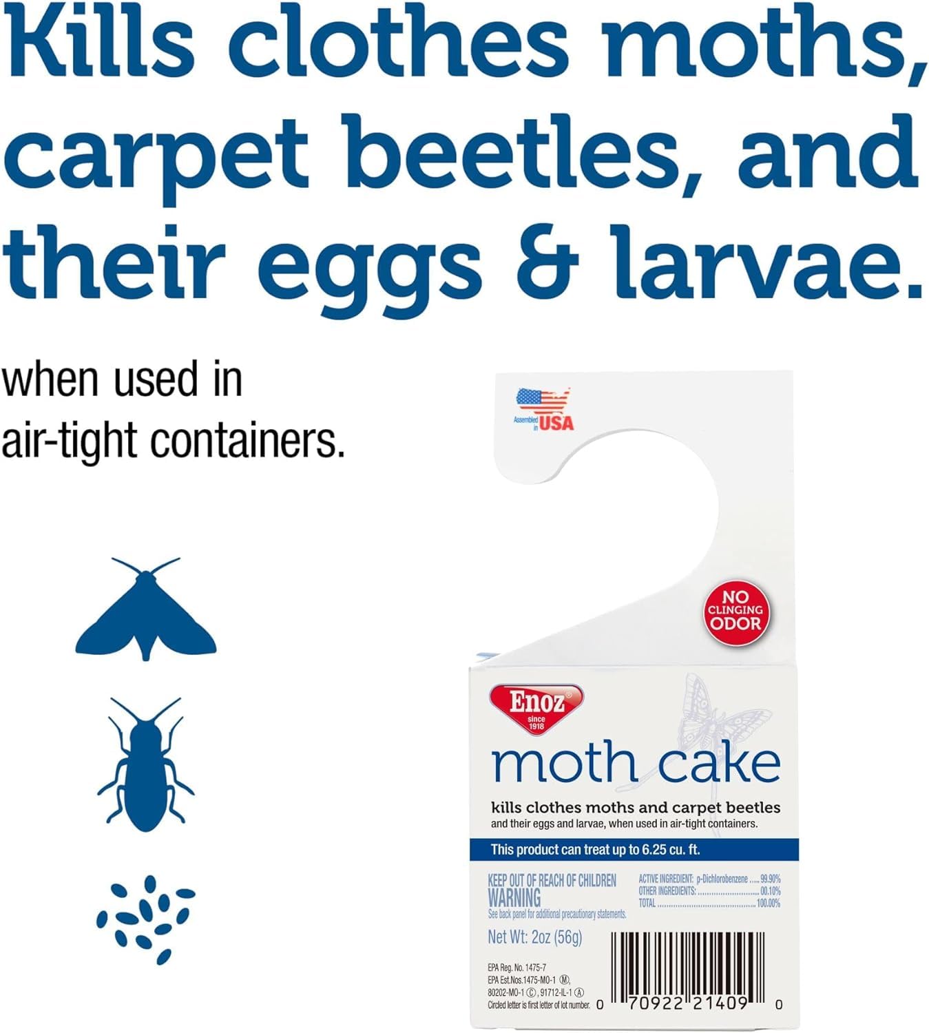 Enoz Moth Cakes – 8 Pack – Easily Hangs in Closets & Garment Bags – Kills Clothes Moths, Carpet Beetles, Eggs & Larvae – Treats 6.25 Cubic Feet