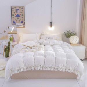 Brandream Velvet Bedding Set Long Tassel Flannel Queen 3Pcs Duvet Covers Set Elegant and Luxury Ruffle White Warm with Zipper