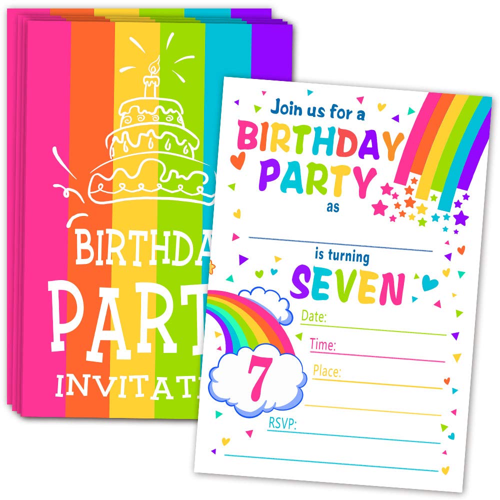 ukebobo Rainbow Greeting Card - 20 Happy Birthday Invitations for Child's 7th Birthday Party with Envelopes