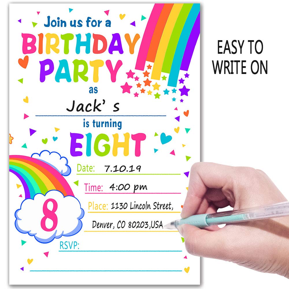 ukebobo Rainbow Happy Birthday Party Invitations for Child’s 8th Birthday Party – Colorful Invitation with Envelopes for Kids 8th Birthday Party – 20 Cards With Envelopes