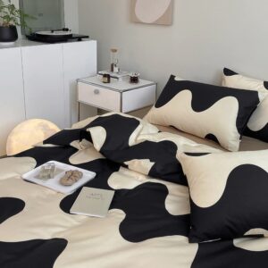 LAYENJOY Geometric Duvet Cover Set Twin, 100% Cotton Bedding, Cream White Black Cows Pattern Printed, Modern Comforter Cover for Single Bed, 3 Piece No Comforter