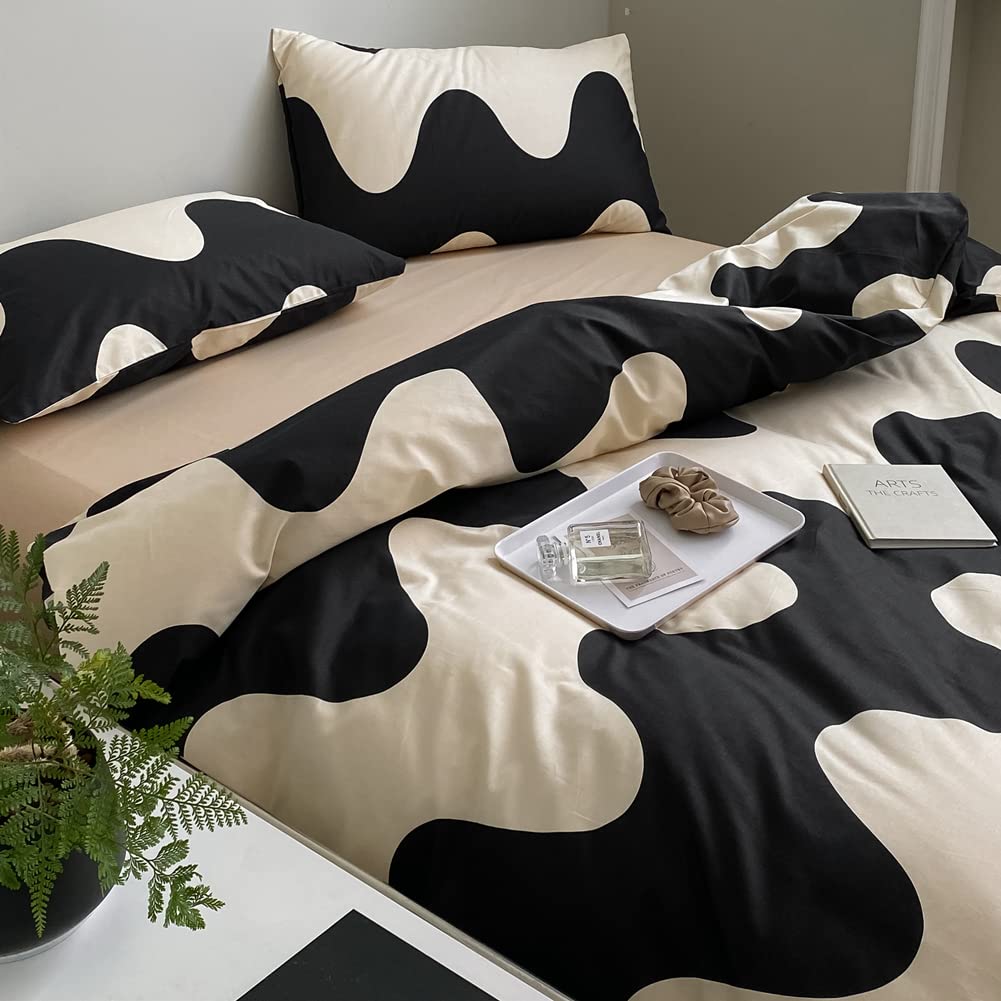 LAYENJOY Geometric Duvet Cover Set Twin, 100% Cotton Bedding, Cream White Black Cows Pattern Printed, Modern Comforter Cover for Single Bed, 3 Piece No Comforter