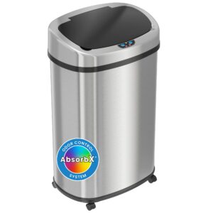 sensorcan glide 13 gallon rolling sensor kitchen trash can with lid and wheels, odor filter, stainless steel automatic kitchen trashcan home office bedroom living room garage wastebasket garbage bin