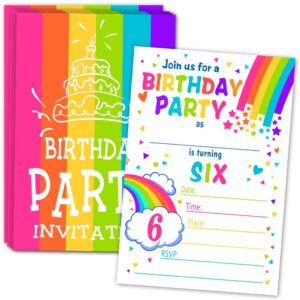 ukebobo rainbow happy birthday party invitations for child’s 6th birthday party – colorful invitation with envelopes for kids 6th birthday party – 20 cards with envelopes