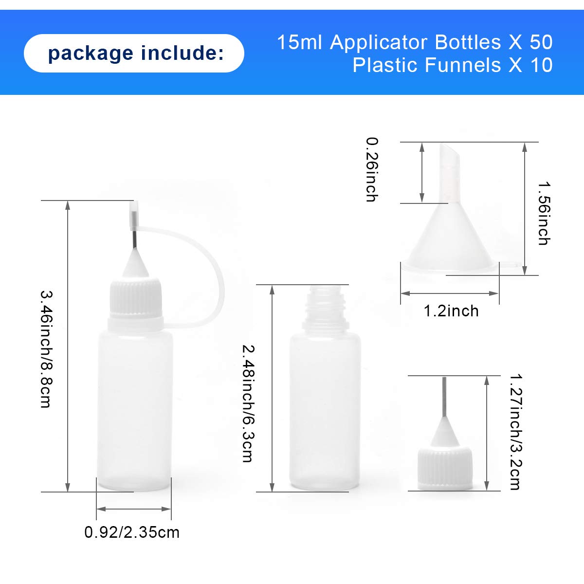 Adecco Precision Tip Applicator Bottle, Glue Applicator Bottles, 50 PCS 15ml Precision Tip Applicator Bottles with 10 Plastic Funnels, for Acrylic Painting, Quilling, Alcohol Ink(Precision Tip Bottle)