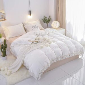 Brandream Velvet Bedding Set Long Tassel Flannel Queen 3Pcs Duvet Covers Set Elegant and Luxury Ruffle White Warm with Zipper