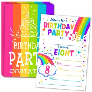 ukebobo rainbow happy birthday party invitations for child’s 8th birthday party – colorful invitation with envelopes for kids 8th birthday party – 20 cards with envelopes