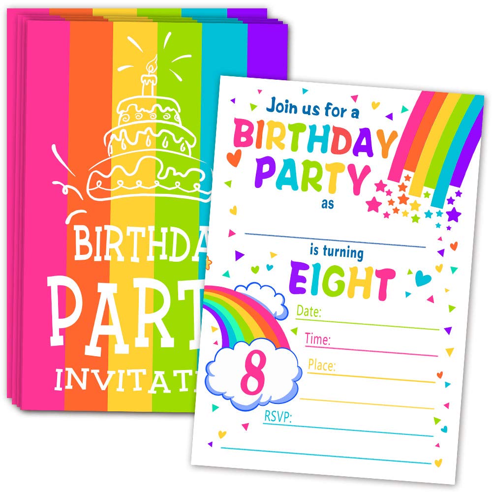 ukebobo Rainbow Happy Birthday Party Invitations for Child’s 8th Birthday Party – Colorful Invitation with Envelopes for Kids 8th Birthday Party – 20 Cards With Envelopes