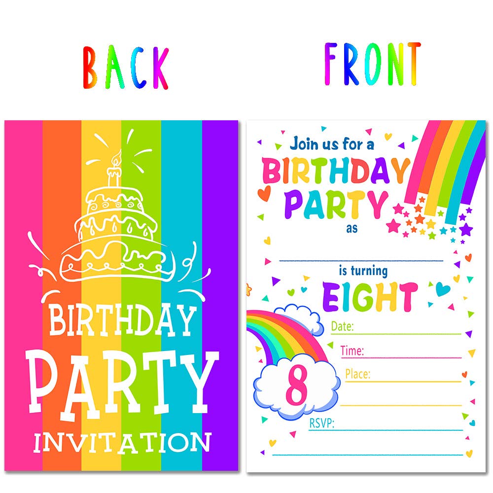 ukebobo Rainbow Happy Birthday Party Invitations for Child’s 8th Birthday Party – Colorful Invitation with Envelopes for Kids 8th Birthday Party – 20 Cards With Envelopes