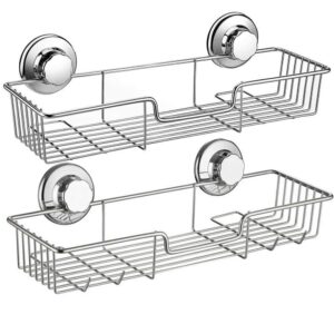 monokit shower caddy suction cup basket-command bathroom shower wall caddy organizer shelf with hooks stainless steel large shampoo shower holder shelves for bath, drill free and never rust