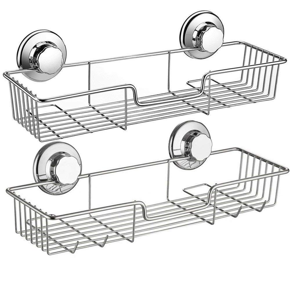 MONOKIT Shower Caddy Suction Cup Basket-Command Bathroom Shower Wall Caddy Organizer Shelf with Hooks Stainless Steel Large Shampoo Shower Holder Shelves for Bath, Drill Free and Never Rust