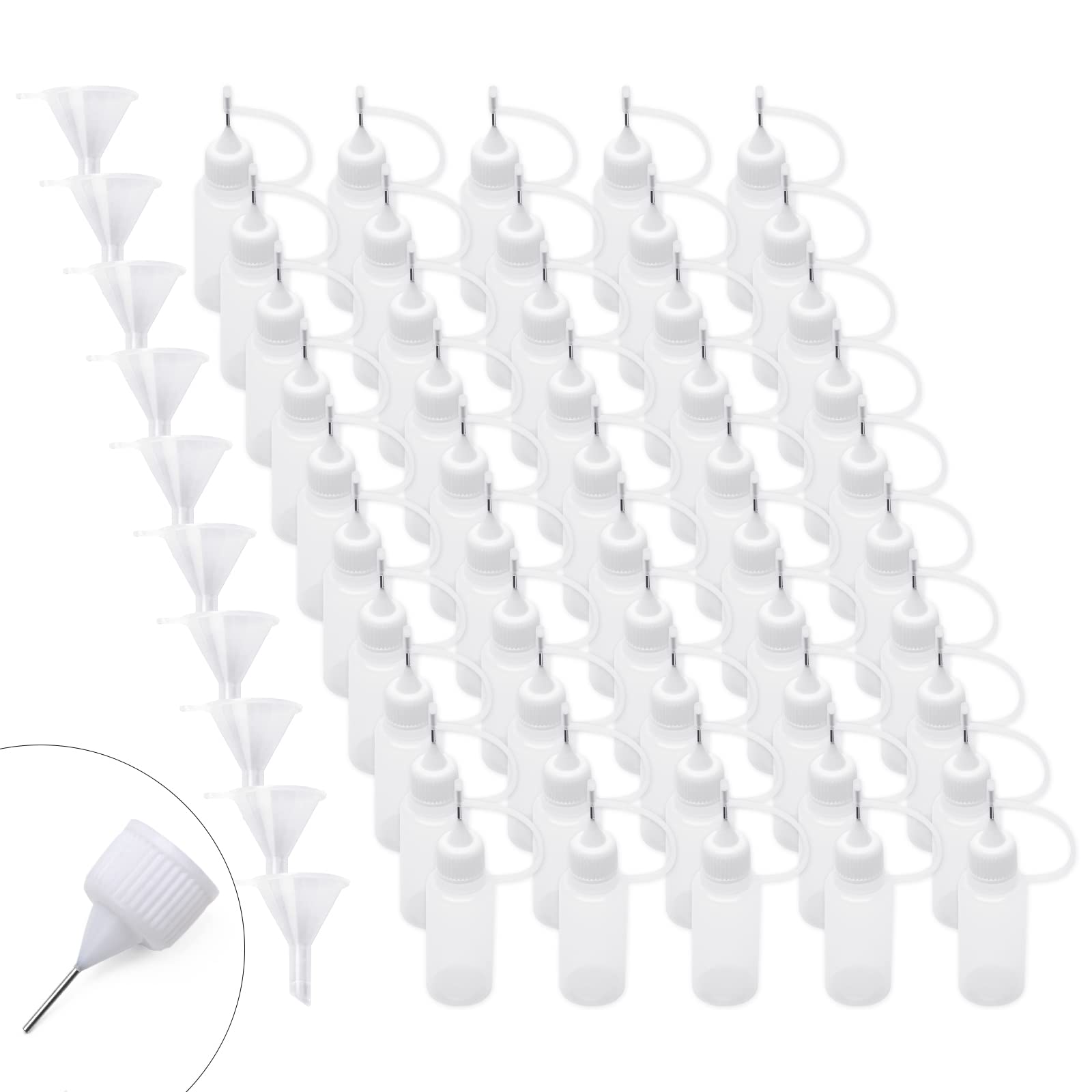 Adecco Precision Tip Applicator Bottle, Glue Applicator Bottles, 50 PCS 15ml Precision Tip Applicator Bottles with 10 Plastic Funnels, for Acrylic Painting, Quilling, Alcohol Ink(Precision Tip Bottle)