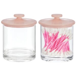 mdesign small modern apothecary storage organizer canister jars - acrylic containers for bathroom, organization holder for vanity, counter, makeup table, lumiere collection, 2 pack, clear/light pink