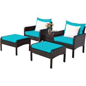 tangkula wicker furniture set 5 pieces pe wicker rattan outdoor all weather cushioned sofas and ottoman set lawn pool balcony conversation set chat set (turquoise)