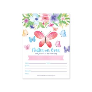 25 watercolor butterfly floral kid party invitations, girl boy birthday invite, pastel princess boho ribbon rose pink gold floral vintage, unique whimsical spring flower garden bday printable template