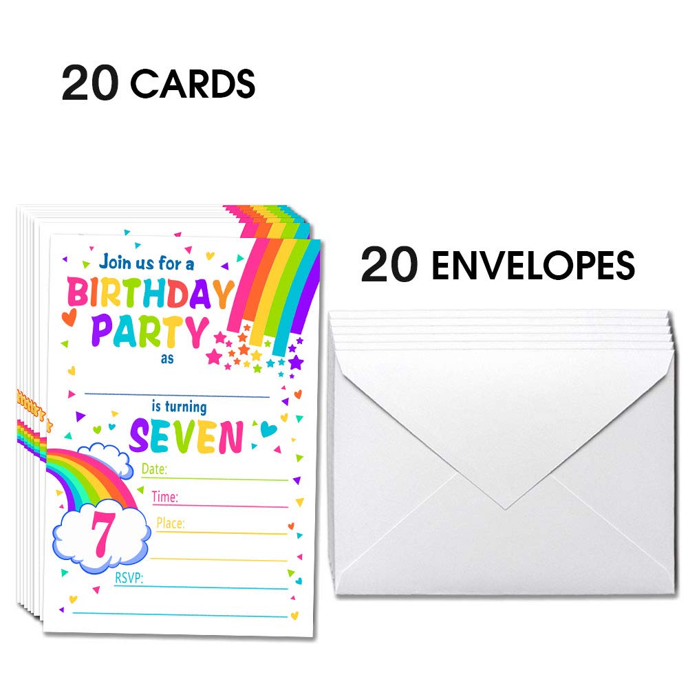 ukebobo Rainbow Greeting Card - 20 Happy Birthday Invitations for Child's 7th Birthday Party with Envelopes