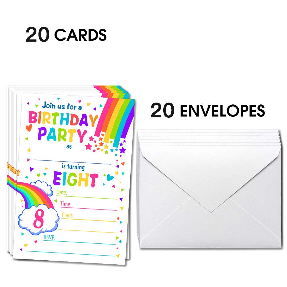 ukebobo Rainbow Happy Birthday Party Invitations for Child’s 8th Birthday Party – Colorful Invitation with Envelopes for Kids 8th Birthday Party – 20 Cards With Envelopes