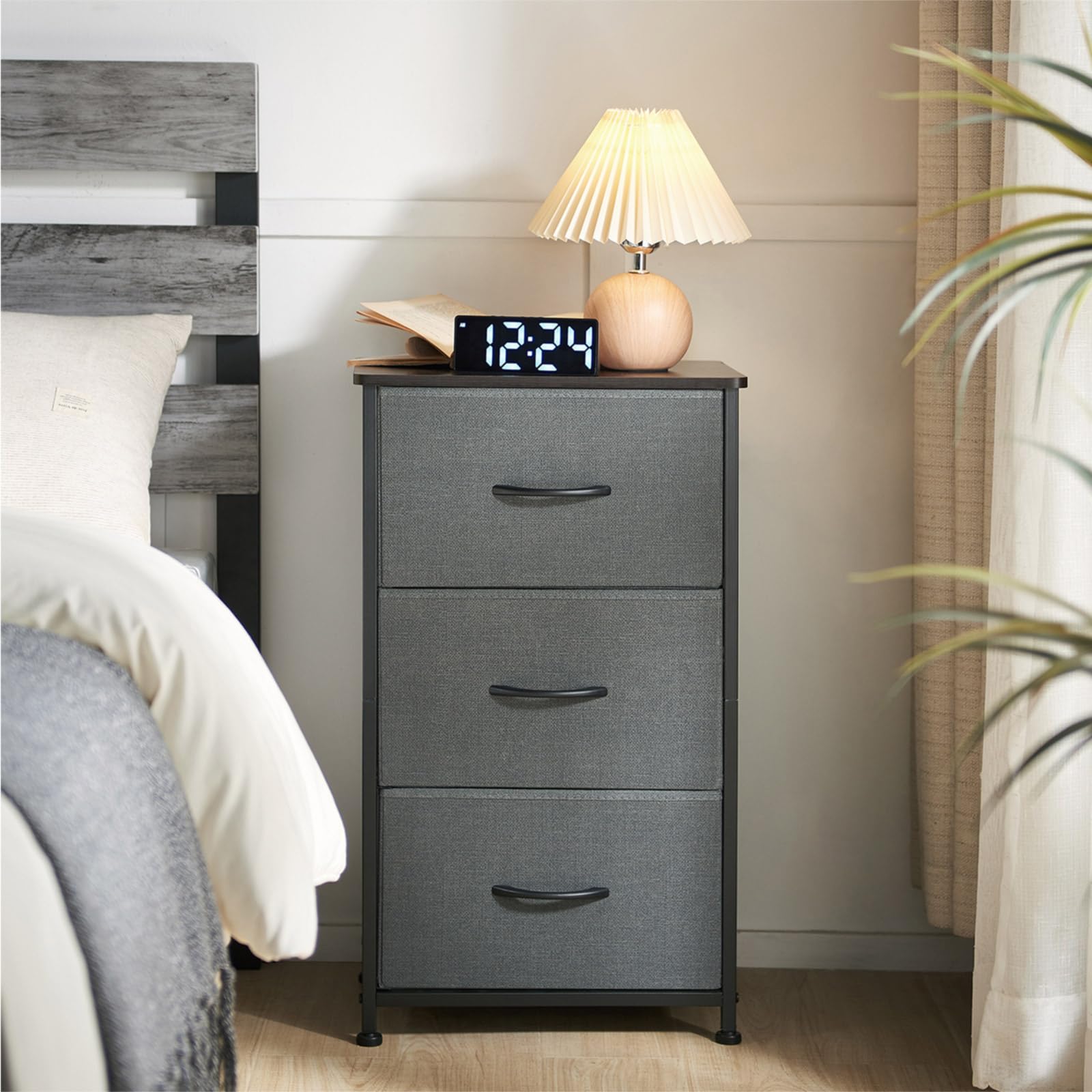 Somdot Small Dresser for Bedroom with 3 Drawers, Nightstand Storage Chest of Drawers with Removable Fabric Bins for Closet Bedside Laundry Entryway Hallway, Charcoal Grey