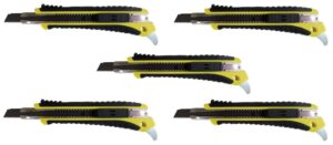 5-pack fastcap kaizen utility knife for cutting boxes, paper, tape, kaizen foam, features replaceable retractable break-away blade and integrated box tape cutter