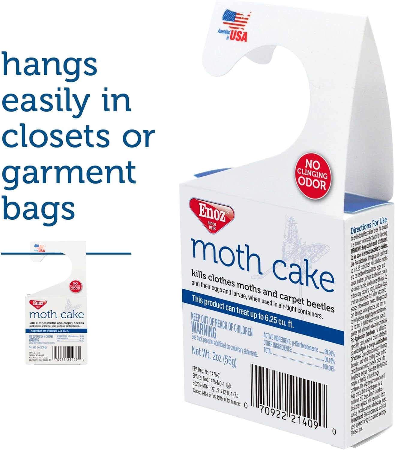 Enoz Moth Cakes – 8 Pack – Easily Hangs in Closets & Garment Bags – Kills Clothes Moths, Carpet Beetles, Eggs & Larvae – Treats 6.25 Cubic Feet